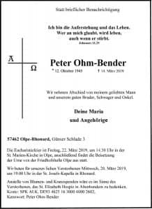 Trauerfall Peter Ohm-Bender | Thieringhausen